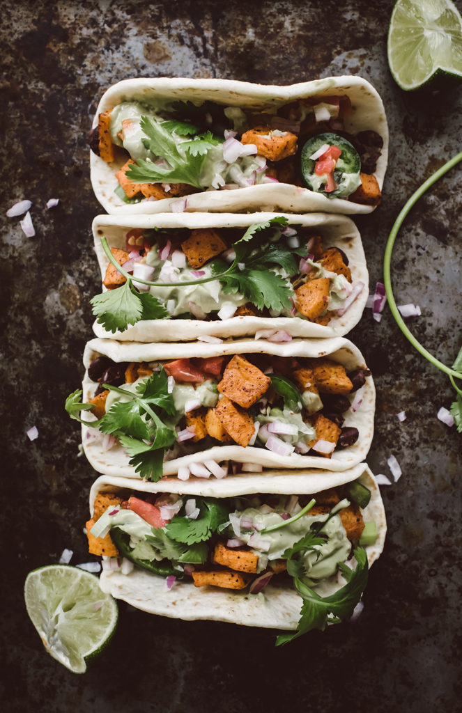 Roasted Sweet Potato Tacos with Avocado Lime Crema | Regan Baroni